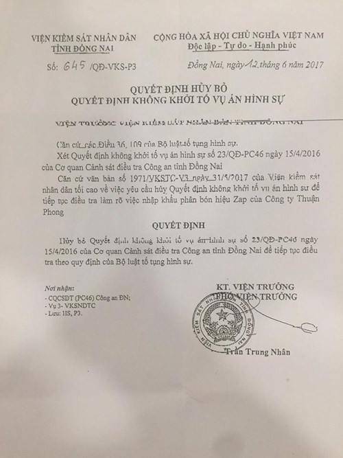 Hủy Quyết định Không Khởi Tố Phục Hồi điều Tra Vụ án